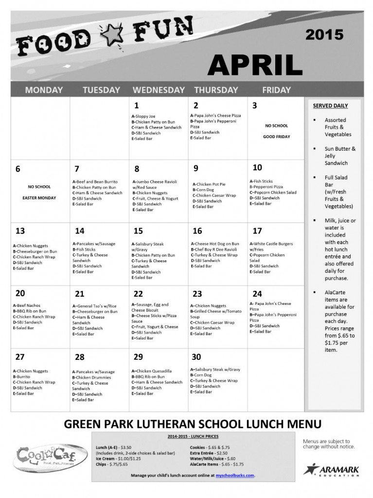 April-Lunch-Menu - Green Park Lutheran School